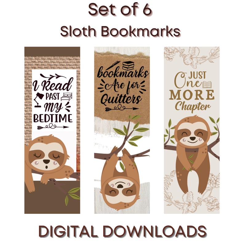 Set of 6 Cute Sloth Booklovers Bookmarks, Cute Sloth Bookmarks, Cute ...