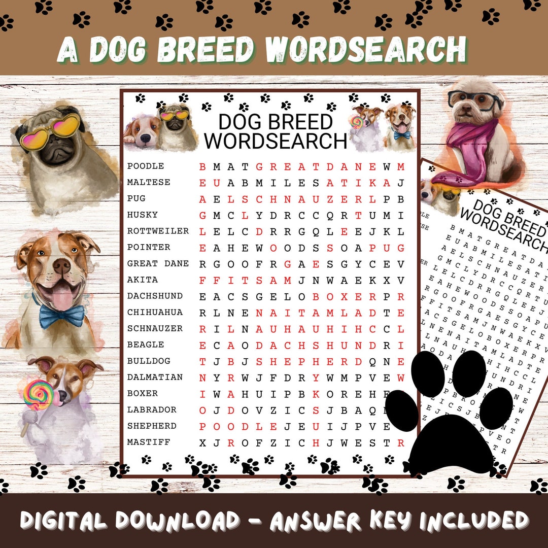 Dog Breed Wordsearch Printable With Answers, Fun Game, Dog Game ...