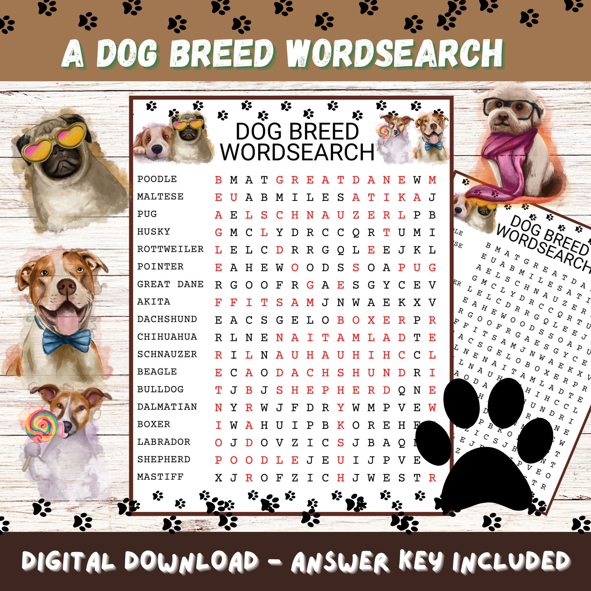 Dog Breed Wordsearch Printable With Answers, Fun Game, Dog Game ...