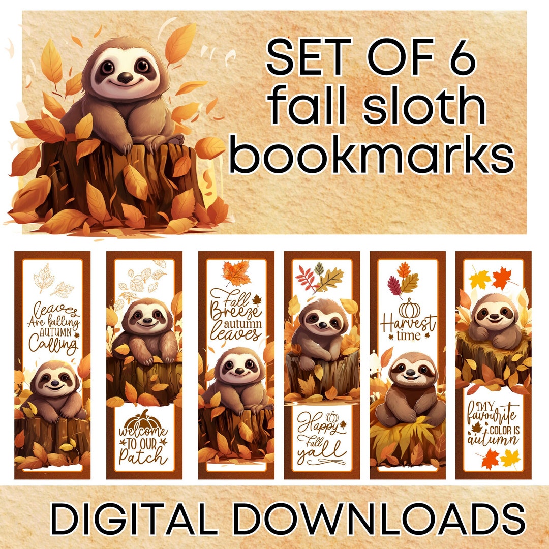 Set of 6 Cute Sloth Fall Leaves Booklovers Bookmarks, Cute Watercolor ...