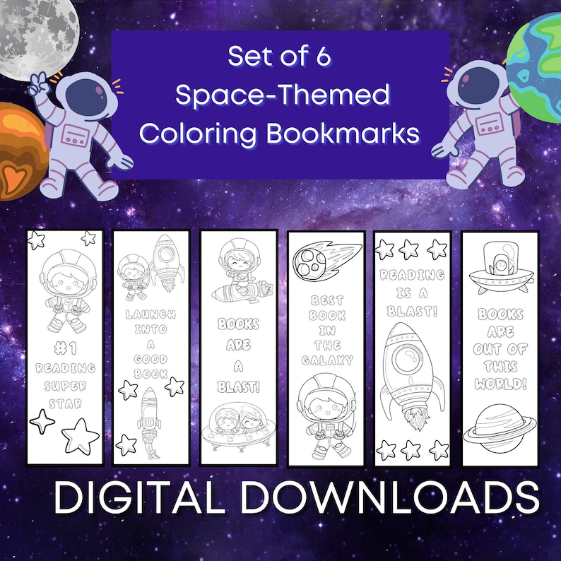 Set of 6 Coloring Outer Space and Astronaut Themed Bookmarks, Outer ...