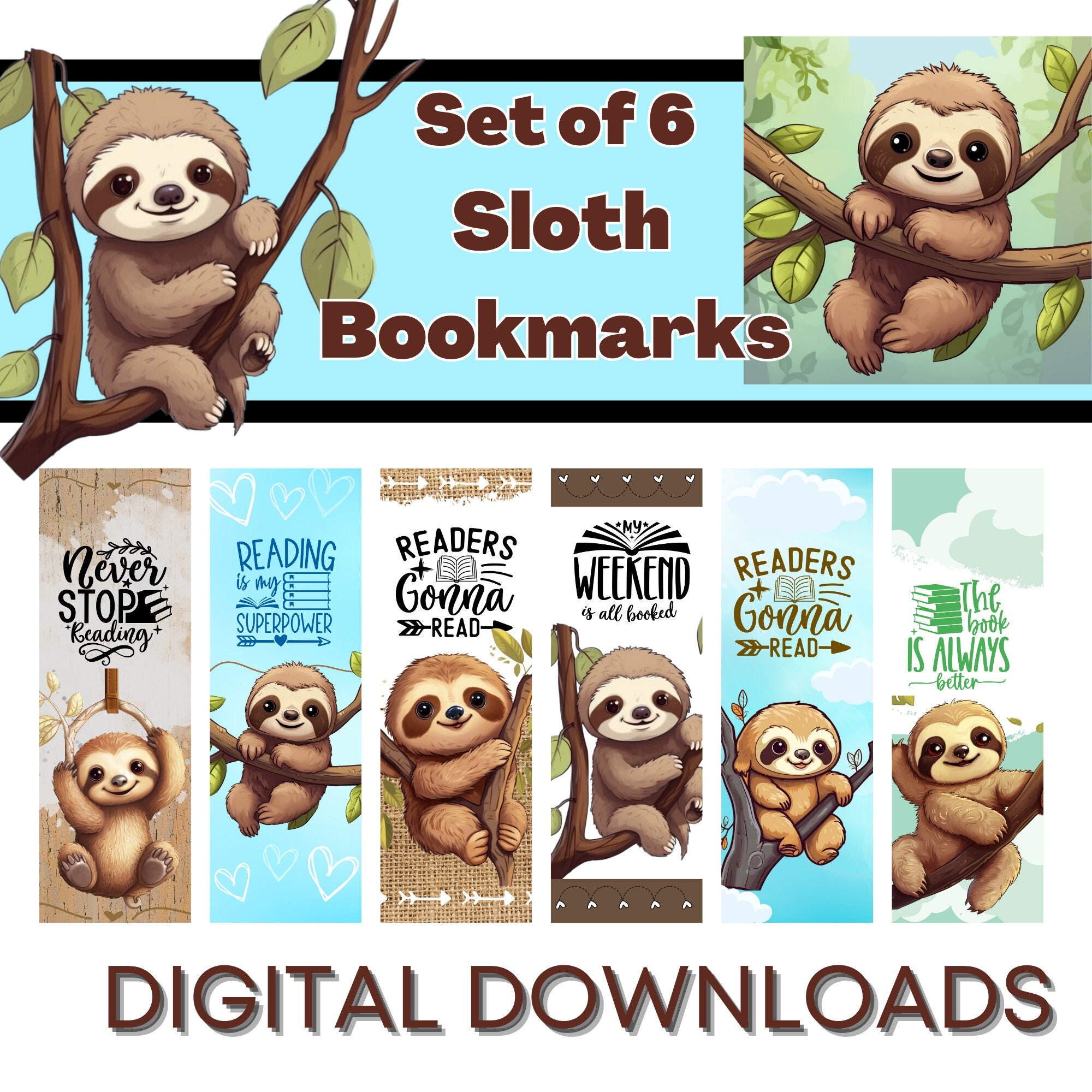 Set of 6 Cute Sloth Booklovers Bookmarks, Cute Sloth Bookmarks, Cute ...