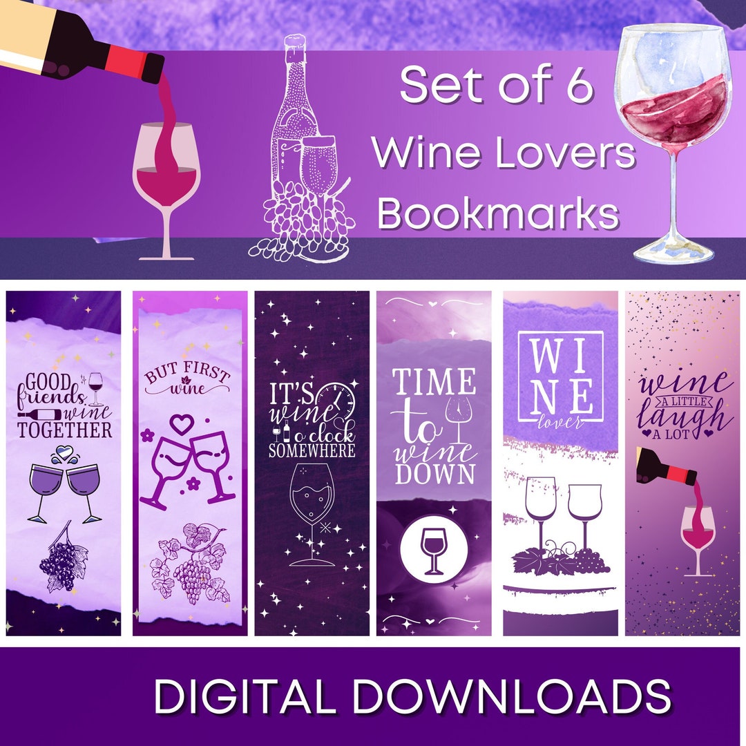 6 Wine Lovers Bookmarks, Book Lover Bookmarks, Wine Bookmarks, Digital ...