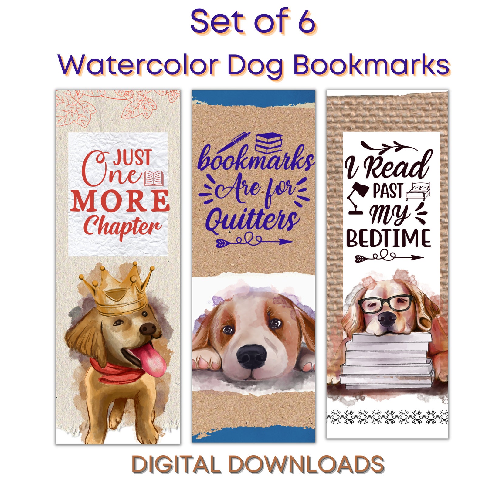 Set of 6 Funny Dog Booklovers Bookmarks, Watercolor Dog Bookmarks ...