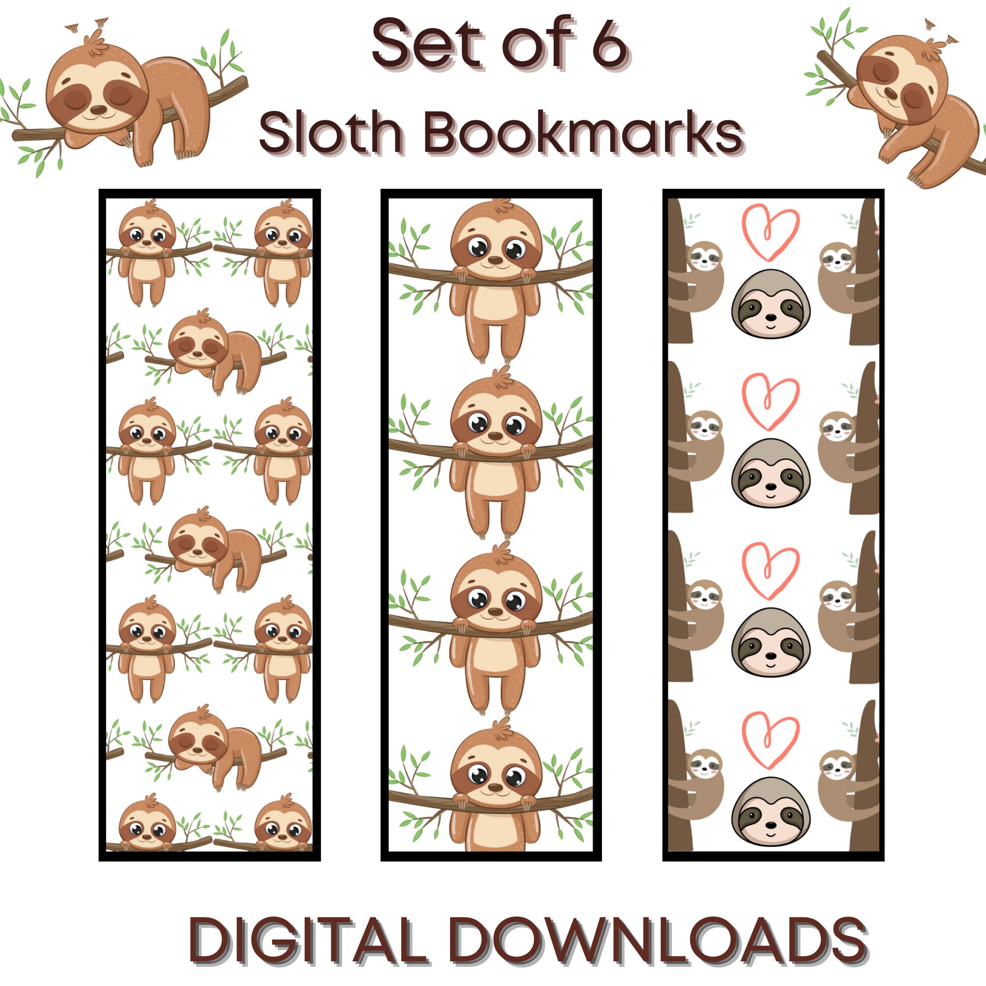 Set of 6 Cute Sloth Booklovers Bookmarks, Cute Sloth Bookmarks, Cute ...
