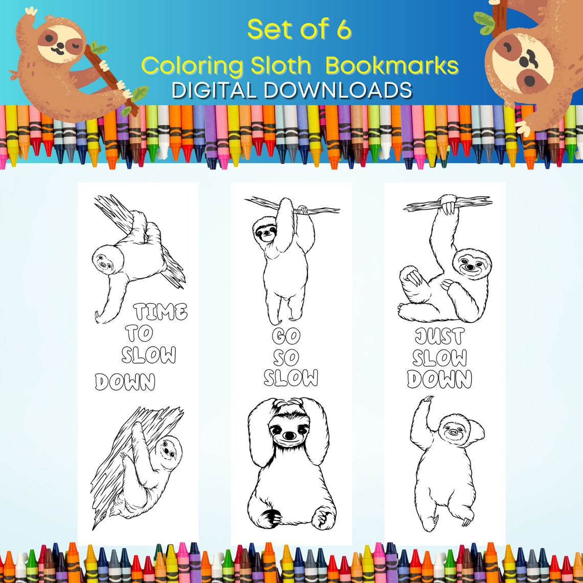 Set of 6 Coloring Sloth Booklovers Bookmarks, Cute Sloth Bookmarks ...
