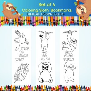 Set of 6 Coloring Sloth Booklovers Bookmarks, Cute Sloth Bookmarks ...
