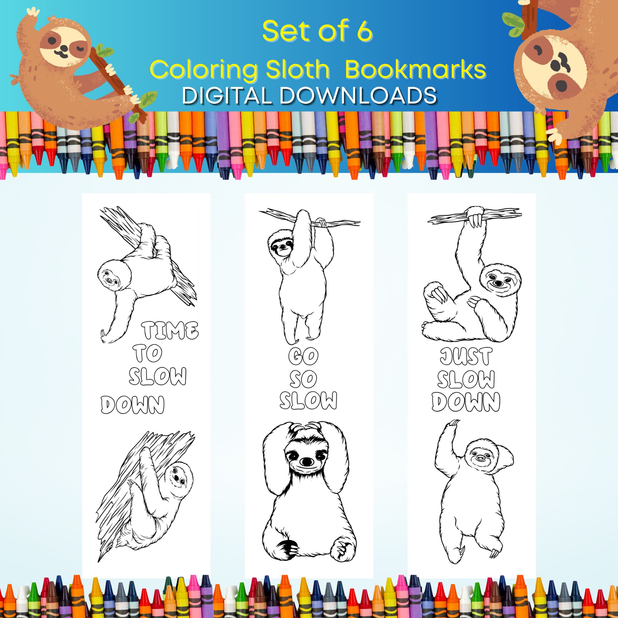 Set of 6 Coloring Sloth Booklovers Bookmarks, Cute Sloth Bookmarks ...