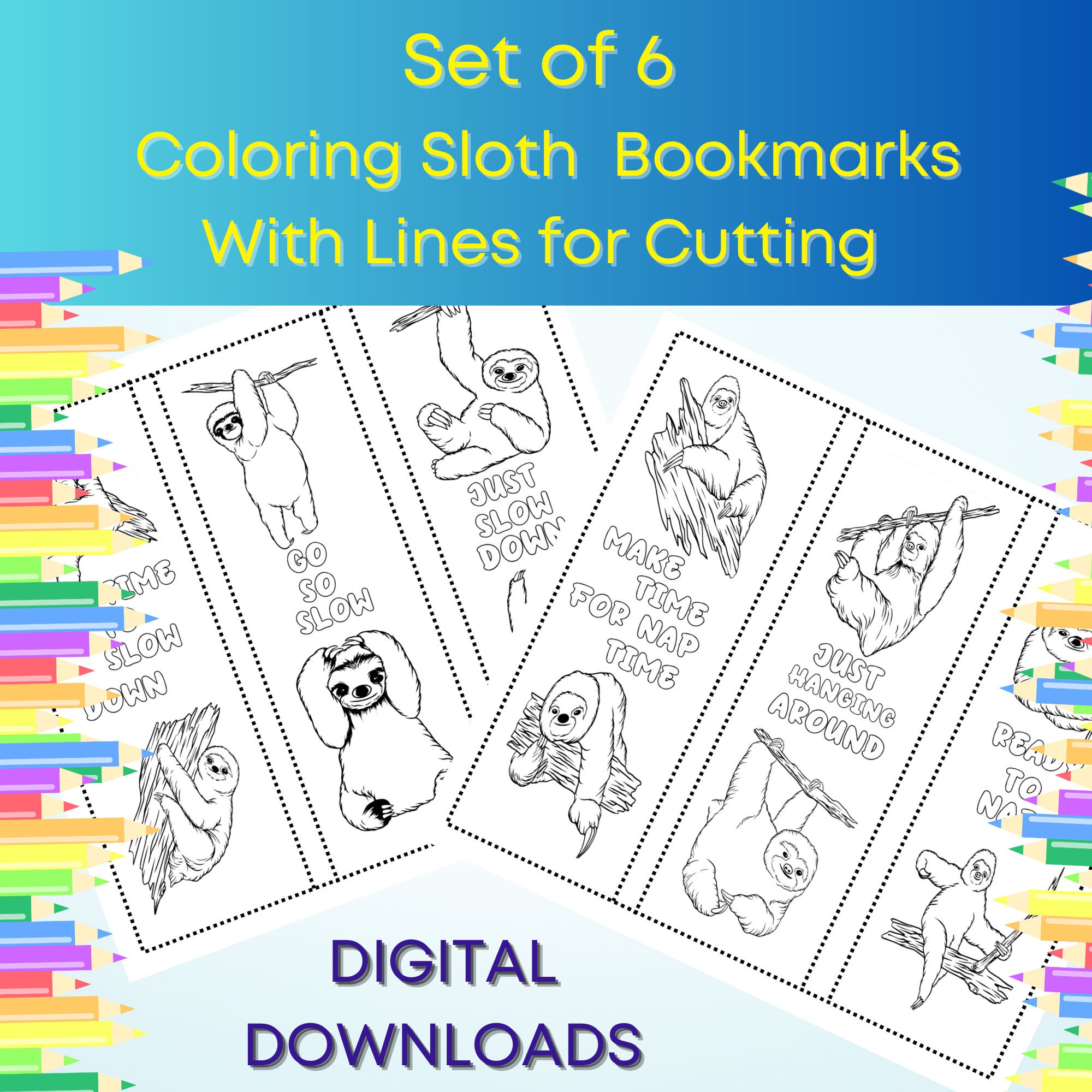 Set of 6 Coloring Sloth Booklovers Bookmarks, Cute Sloth Bookmarks ...