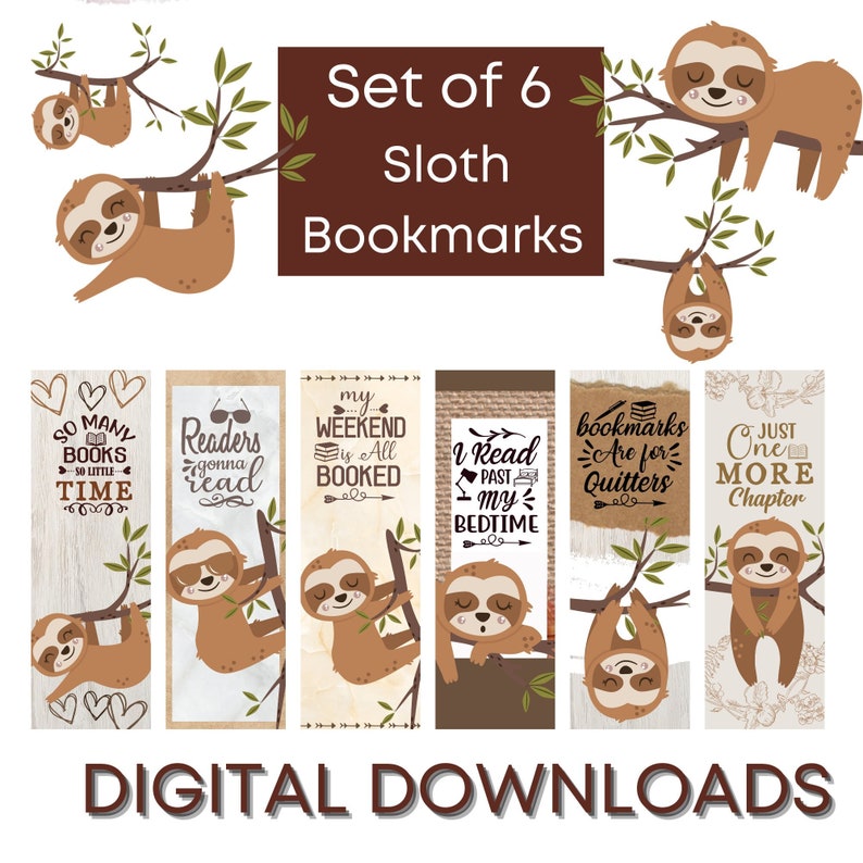 Set of 6 Cute Sloth Booklovers Bookmarks, Cute Sloth Bookmarks, Cute ...