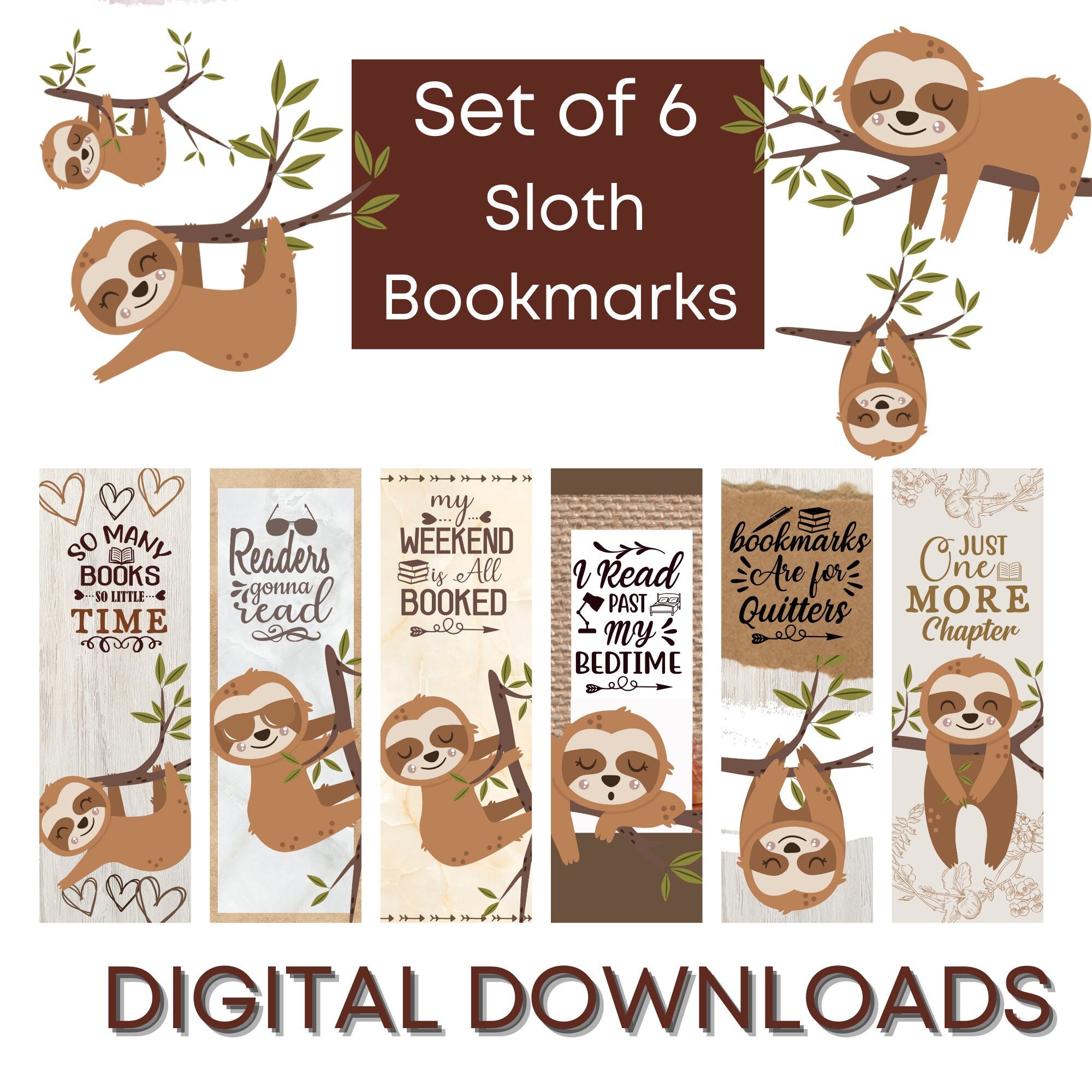 Set of 6 Cute Sloth Booklovers Bookmarks, Cute Sloth Bookmarks, Cute ...
