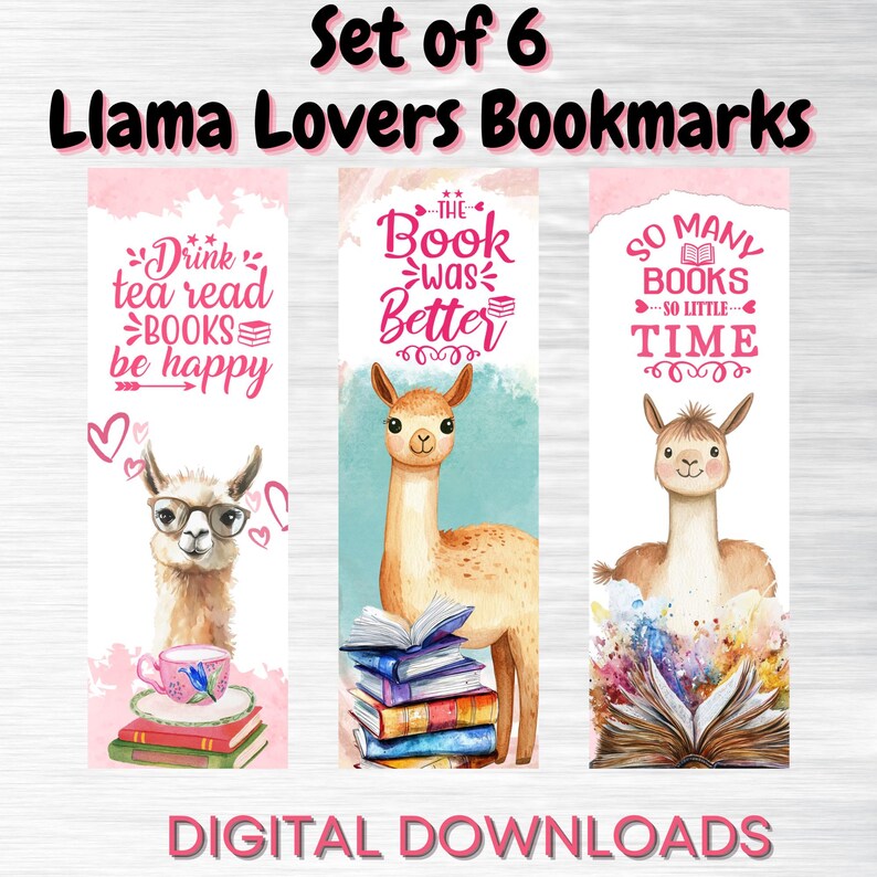 Adorable Llama Bookmarks | Watercolor Llama-themed, Set of 6 (digital ...