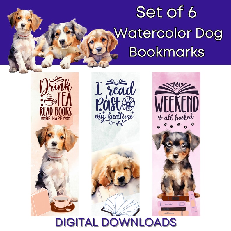 Set of 6 Funny Dog Booklovers Bookmarks, Watercolor Dog Bookmarks, Cute ...