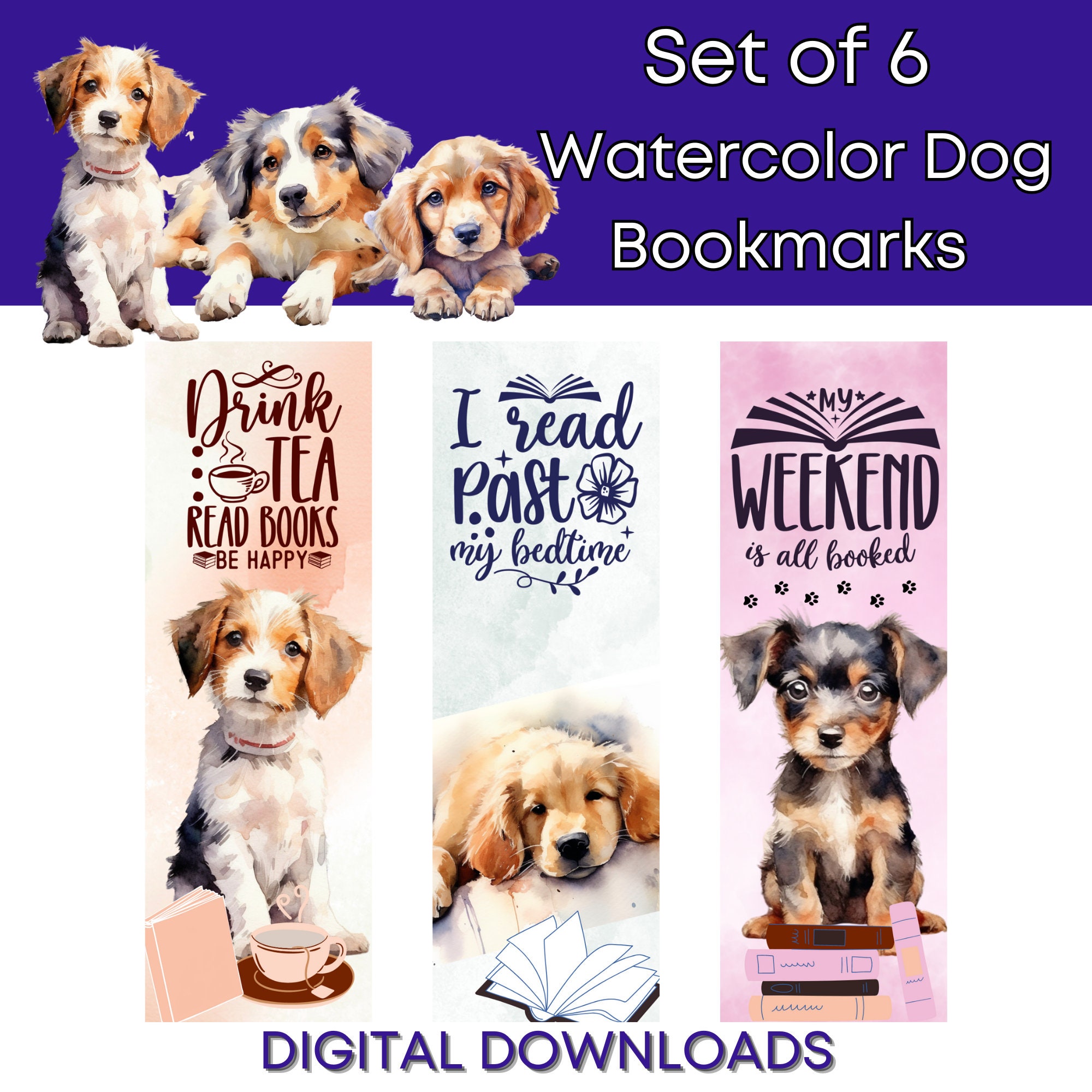 Set of 6 Funny Dog Booklovers Bookmarks, Watercolor Dog Bookmarks, Cute ...