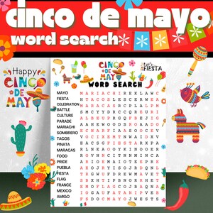 Cinco De Mayo Wordsearch Printable, Answer Key, Party Game, Cinco De ...