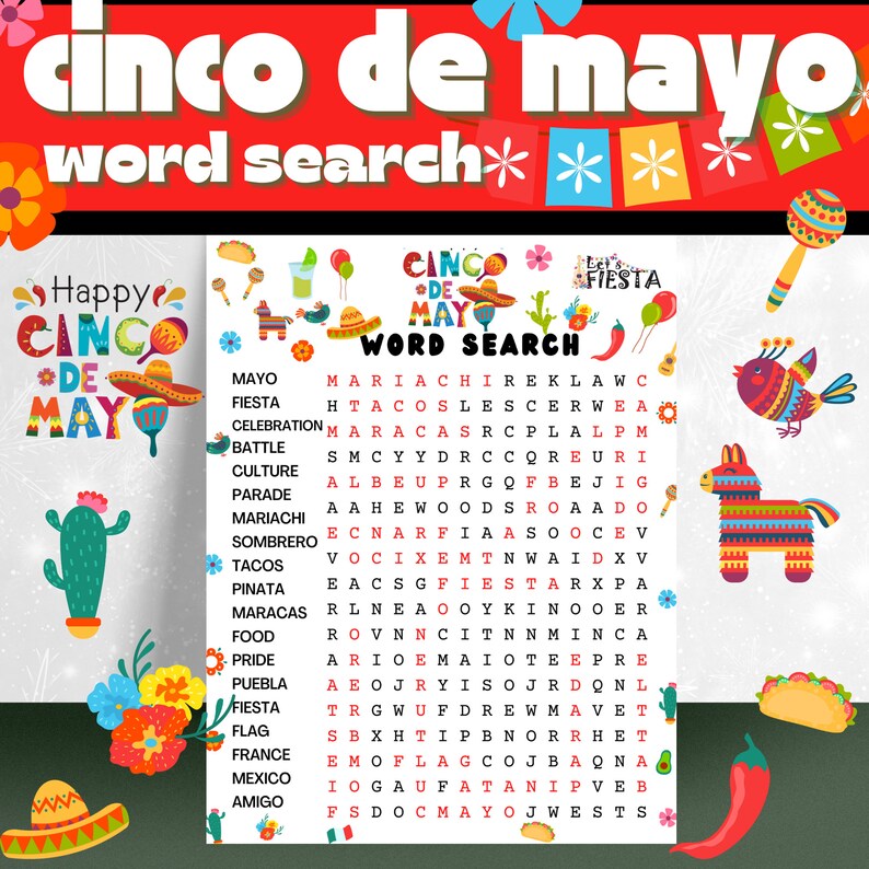 Cinco De Mayo Wordsearch Printable, Answer Key, Party Game, Cinco De ...