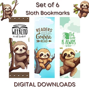 Set of 6 Cute Sloth Booklovers Bookmarks, Cute Sloth Bookmarks, Cute ...