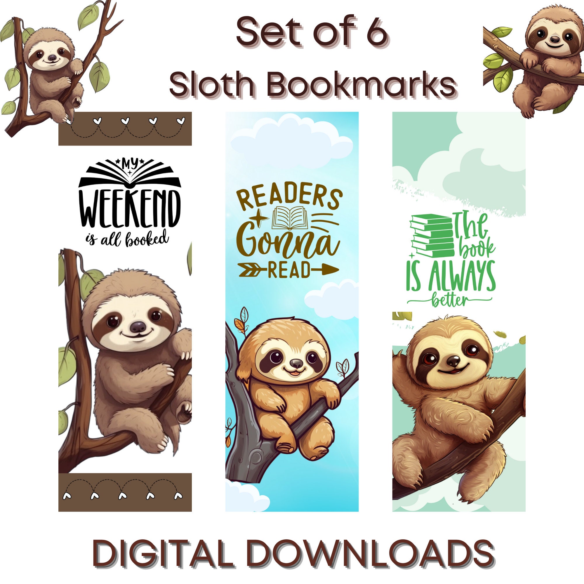 Set of 6 Cute Sloth Booklovers Bookmarks, Cute Sloth Bookmarks, Cute ...