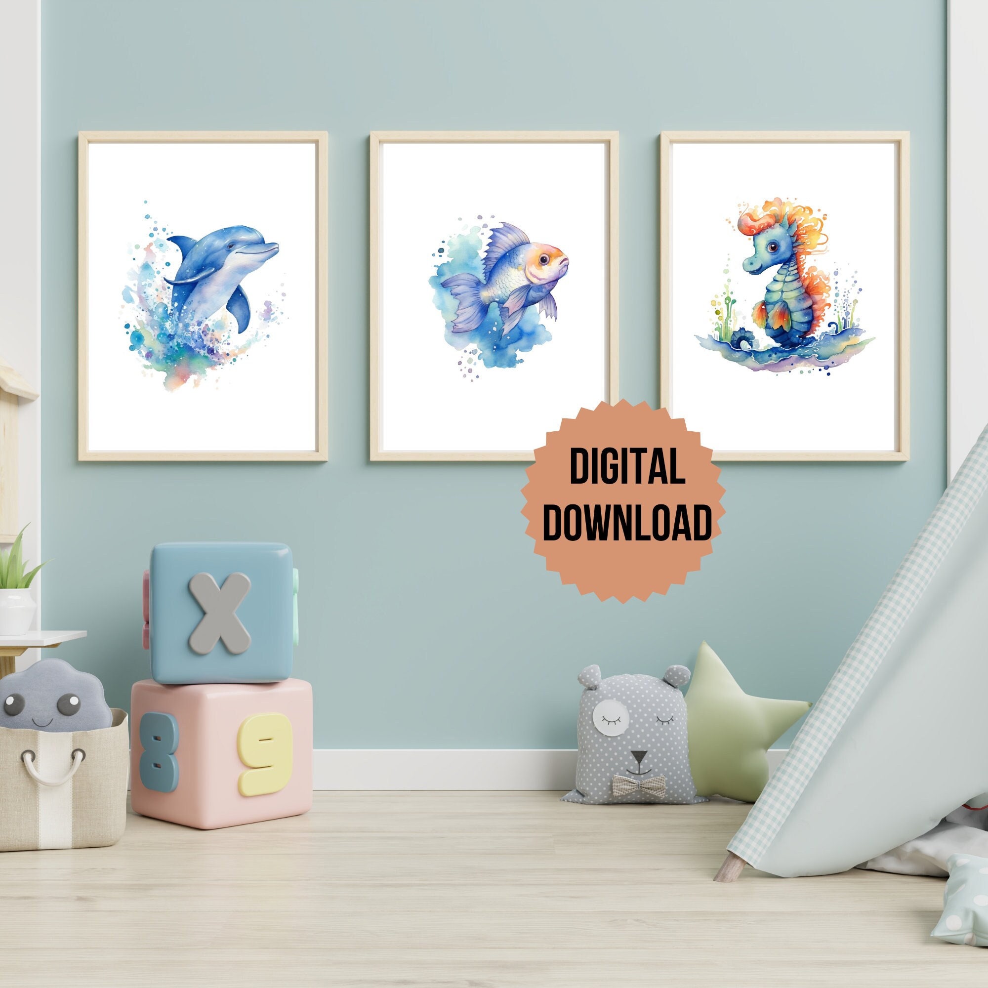 Set of 3 Printable Watercolor Ocean Nursery Prints, Sea Themed Wall Art ...