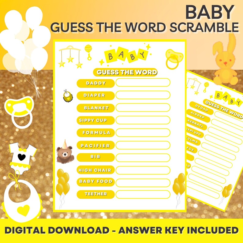 Gender Neutral Baby Shower Word Scramble, Printable Game With Answers ...