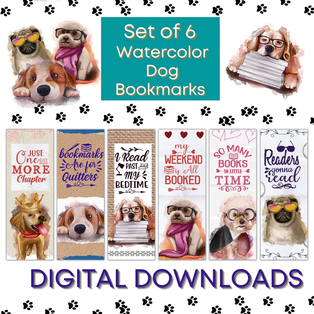 Set of 6 Funny Dog Booklovers Bookmarks, Watercolor Dog Bookmarks ...