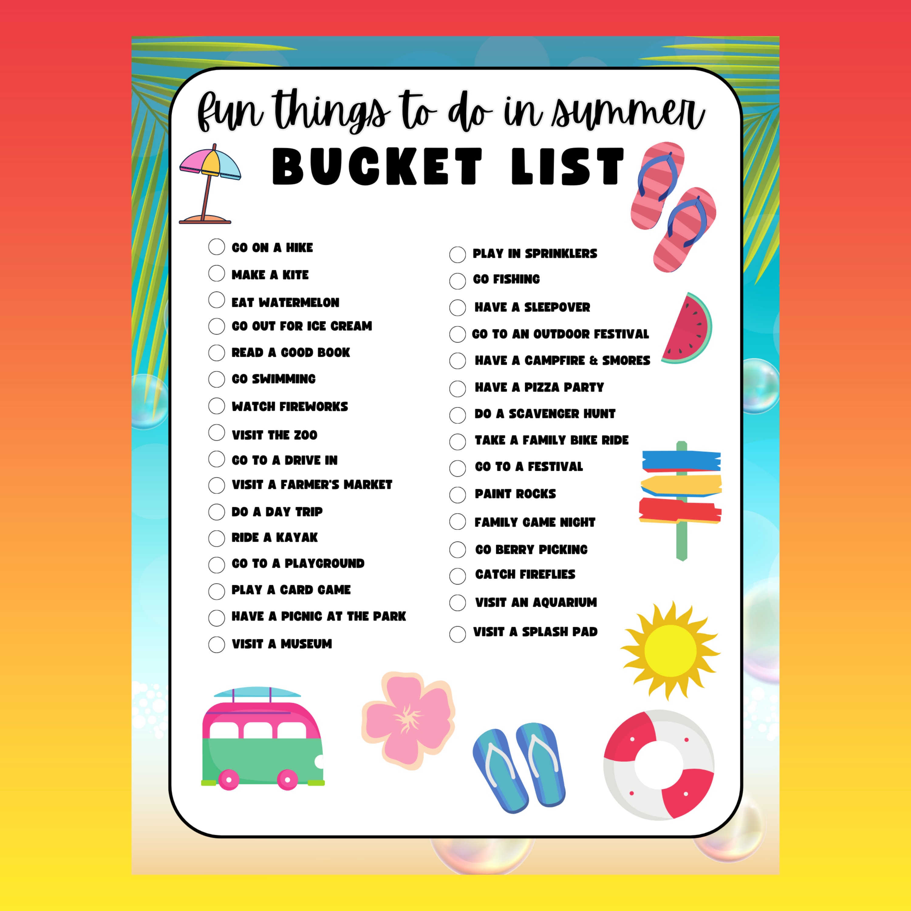 Summer Bucket List Printable, Summer to Do List, Summer Break Bucket ...