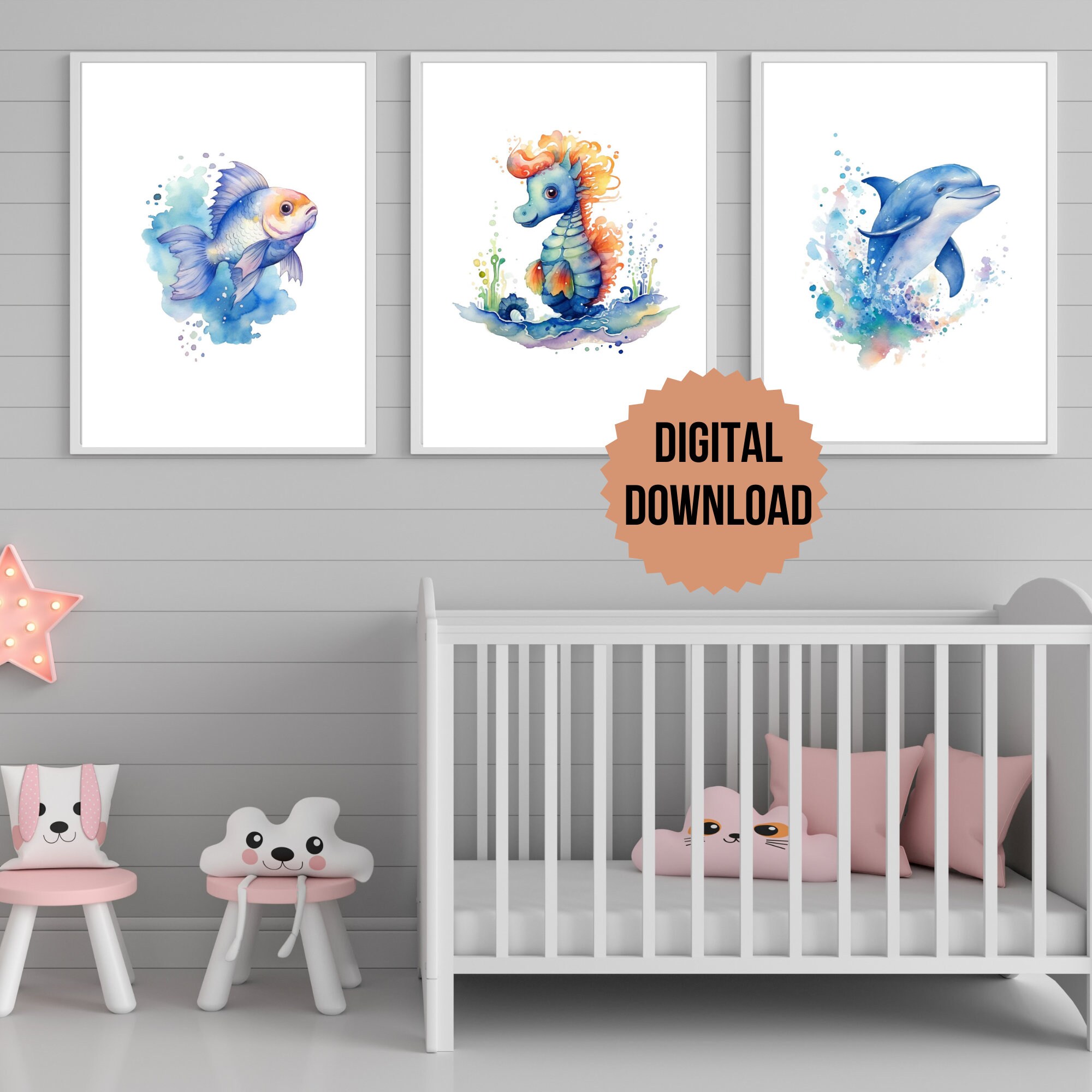 Set of 3 Printable Watercolor Ocean Nursery Prints, Sea Themed Wall Art ...