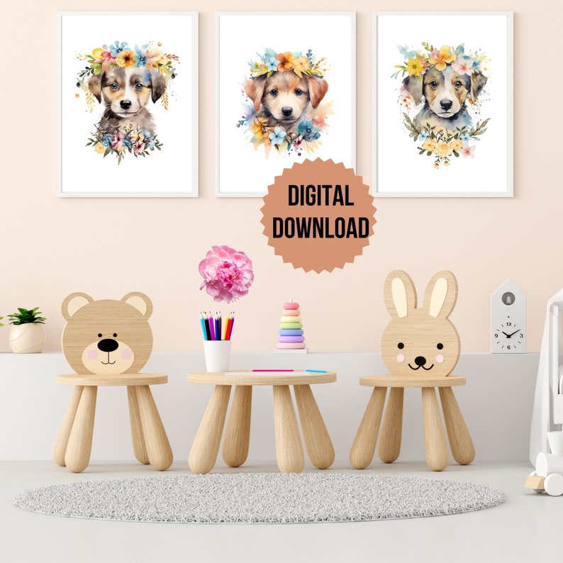 Cute Boho Watercolor Dog Wall Art Set of 3, Nursery Wall Decor, Nursery ...