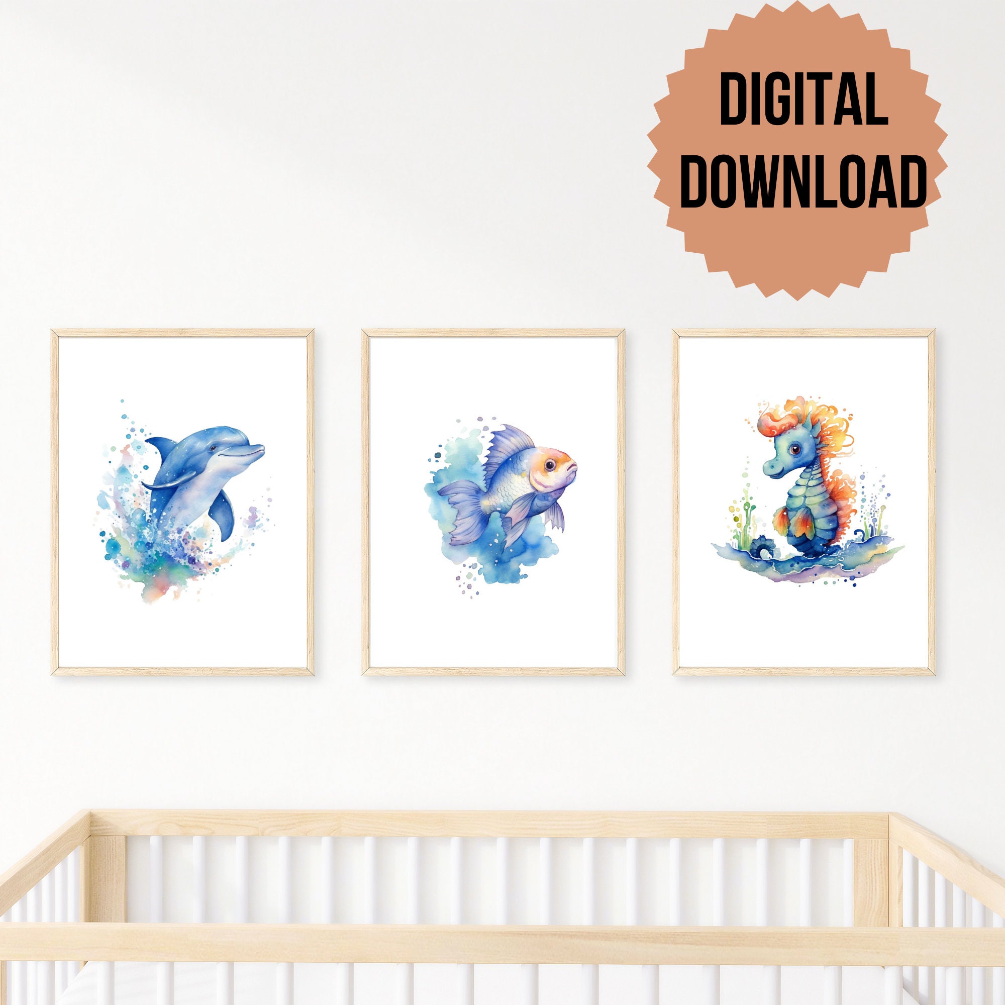 Set of 3 Printable Watercolor Ocean Nursery Prints, Sea Themed Wall Art ...