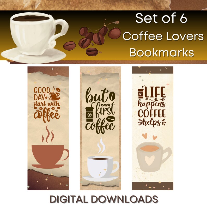 6 Coffee Lovers Bookmarks, Book Lover Bookmarks, Coffee Bookmarks ...