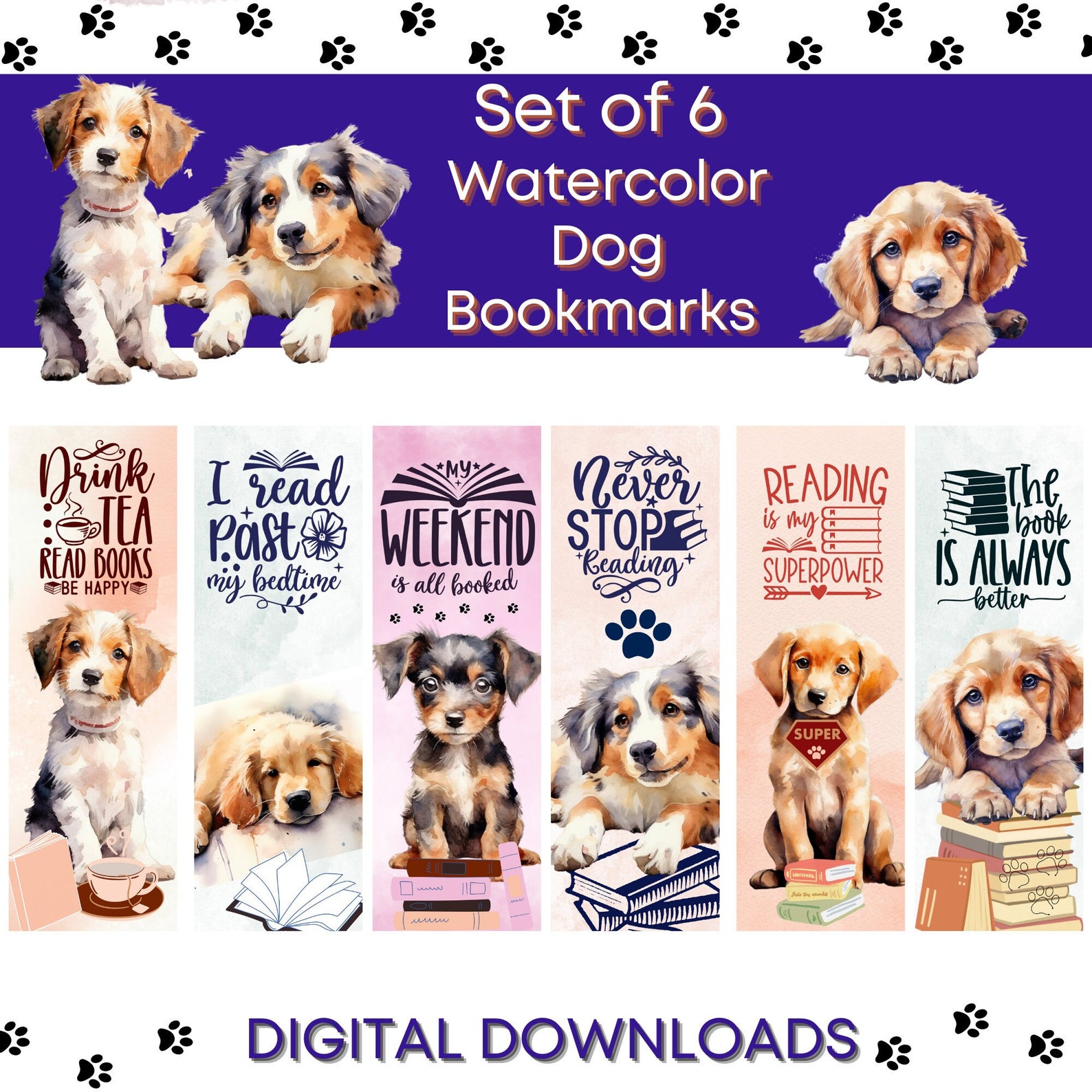 Set of 6 Funny Dog Booklovers Bookmarks, Watercolor Dog Bookmarks, Cute ...