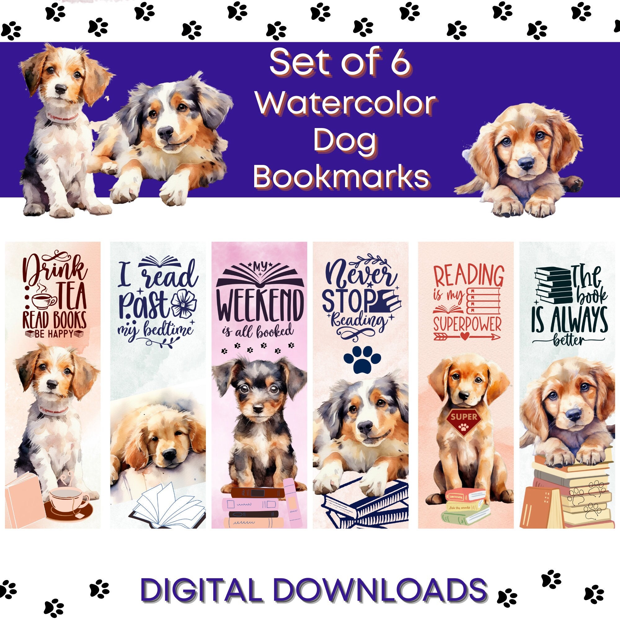 Set of 6 Funny Dog Booklovers Bookmarks, Watercolor Dog Bookmarks, Cute ...