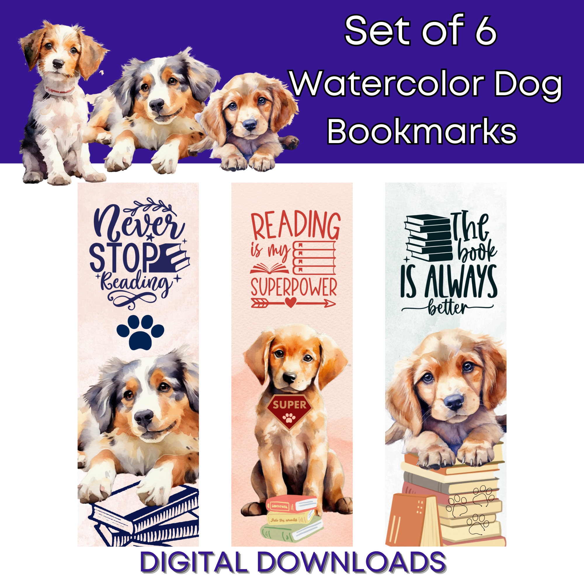 Set of 6 Funny Dog Booklovers Bookmarks, Watercolor Dog Bookmarks, Cute ...