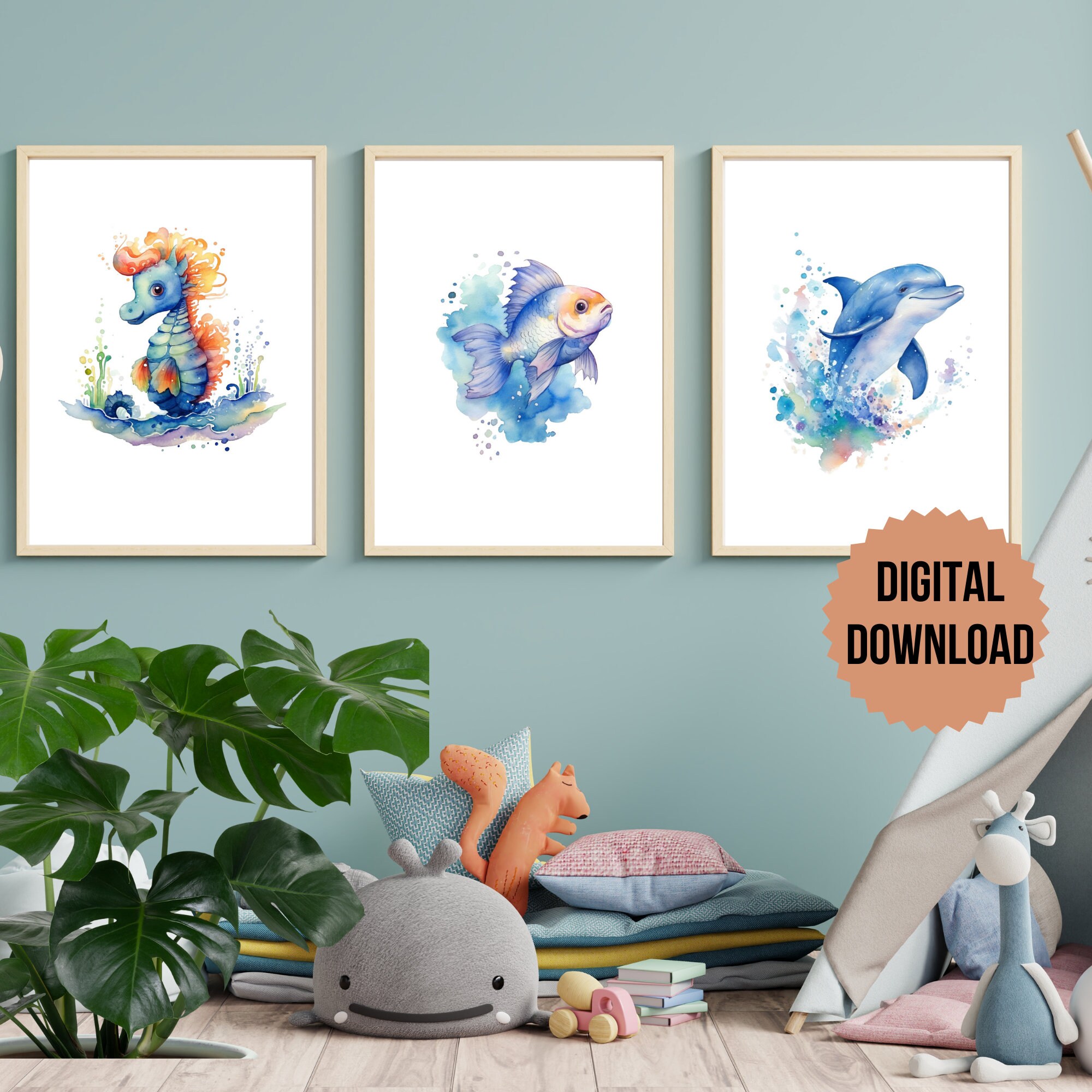 Set of 3 Printable Watercolor Ocean Nursery Prints, Sea Themed Wall Art ...
