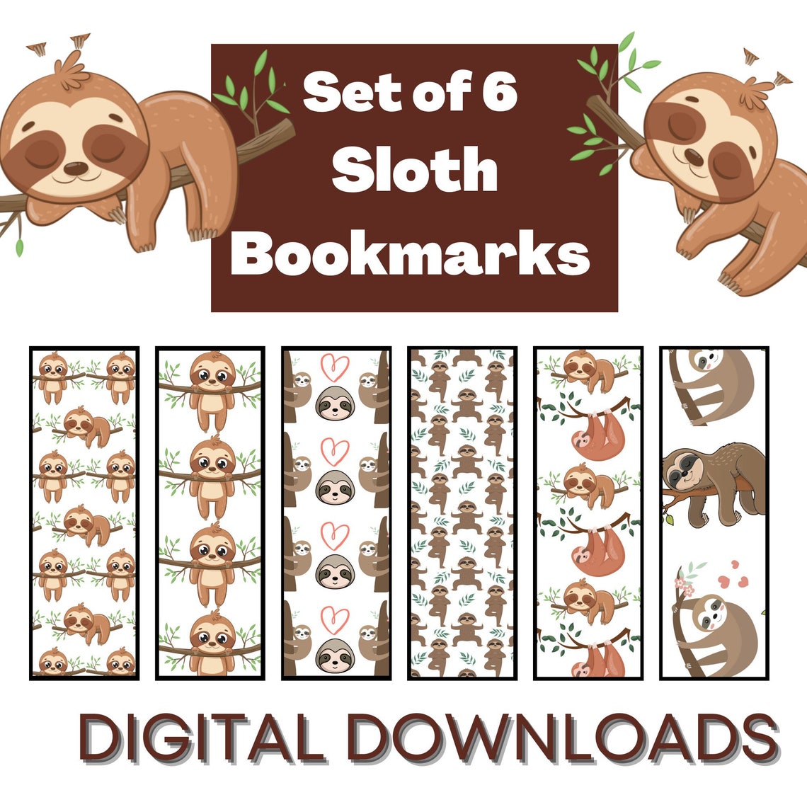 Set of 6 Cute Sloth Booklovers Bookmarks, Cute Sloth Bookmarks, Cute ...
