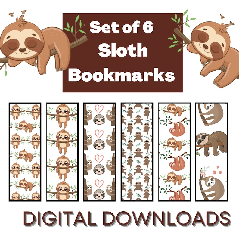 Set of 6 Cute Sloth Booklovers Bookmarks, Cute Sloth Bookmarks, Cute ...