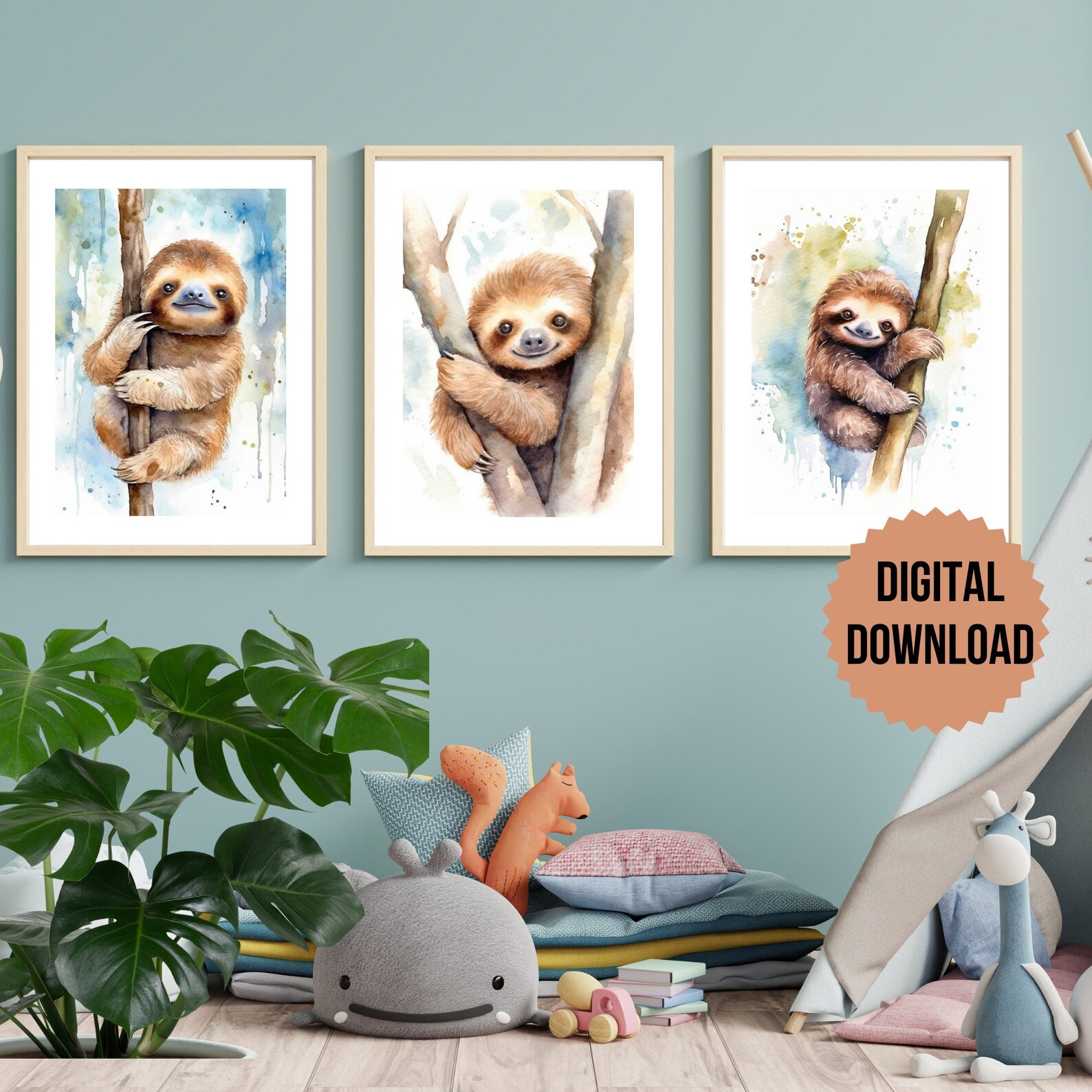 Sloth Watercolor Wall Art Set of 3, Printable Wall Art, Sloth Prints ...