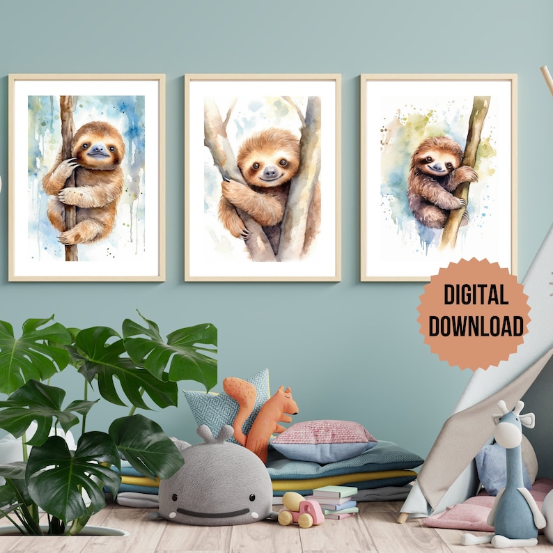 Sloth Watercolor Wall Art Set of 3, Printable Wall Art, Sloth Prints ...