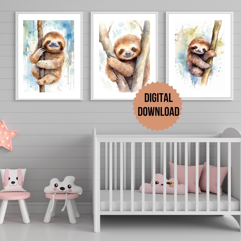 Sloth Watercolor Wall Art Set of 3, Printable Wall Art, Sloth Prints ...