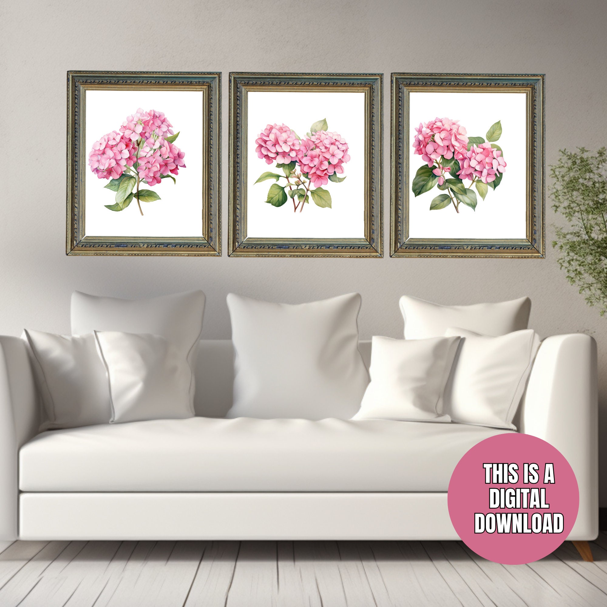 Set of 3 Pink Watercolor Hydrangea Prints, Wall Decor, Botanical Wall ...