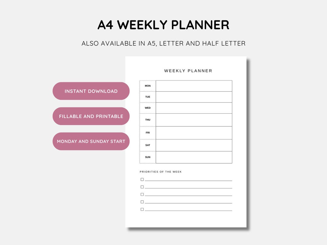 A4 Weekly Planner, Printable Weekly Checklist Planner, Minimalist ...
