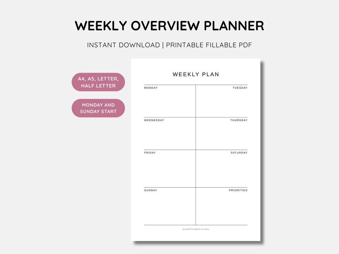 Printable Weekly Overview Planner, Printable A4 Weekly Checklist ...