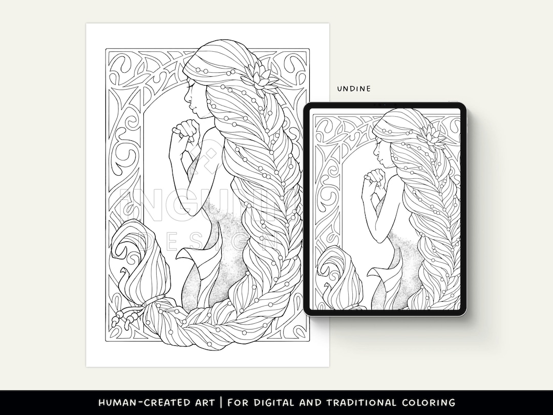 Digital and Printable Mermaid Coloring Page for Adults • Fantasy ...