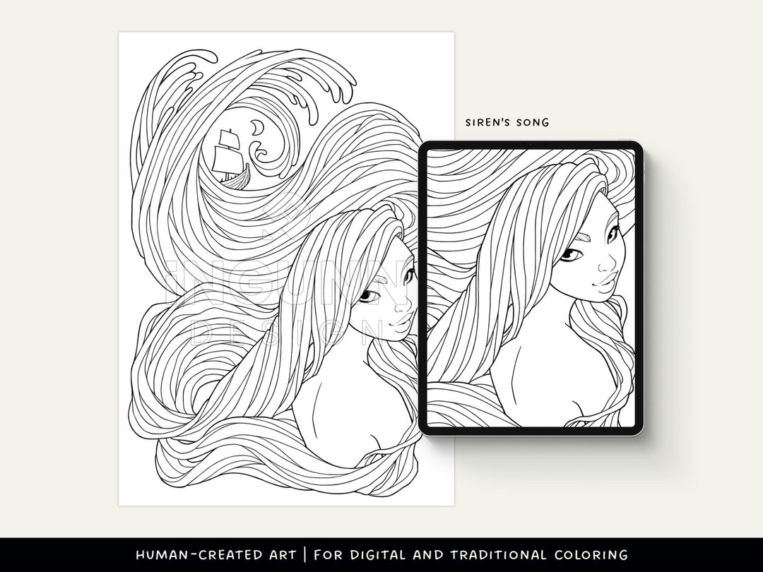 Digital and Printable Mermaid Coloring Page for Adults • Fantasy ...