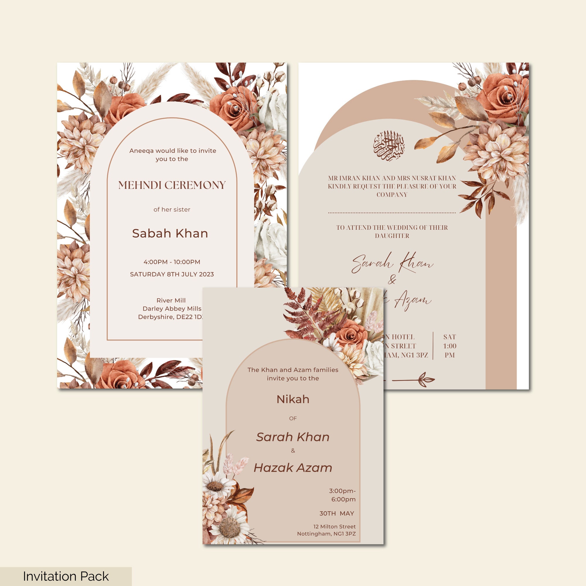Mehndi and Nikah Invitations Pack for Muslim Wedding, Autumnal Floral ...