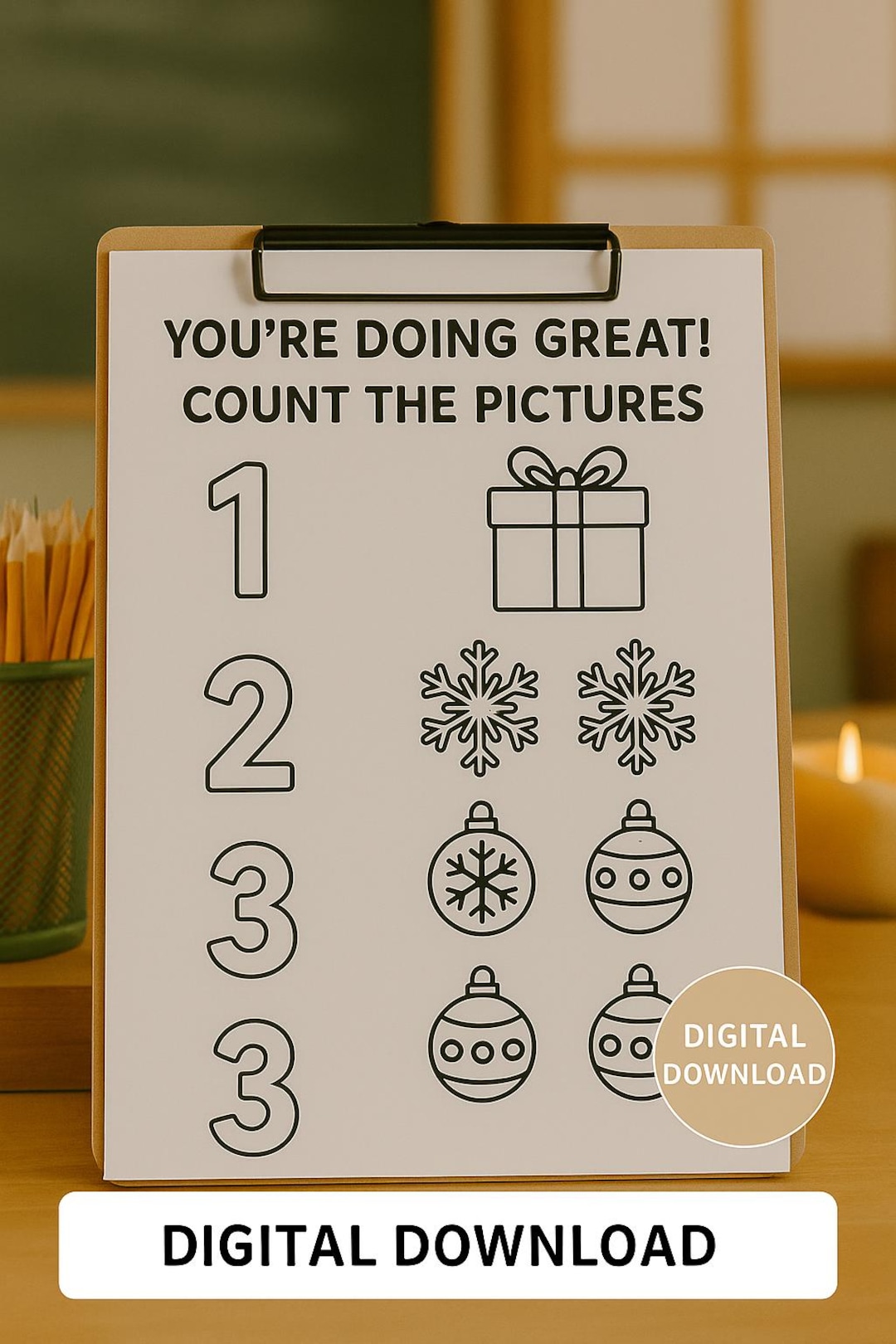 Christmas Counting Worksheet Kids Holiday Math Activity PDF Preschool ...