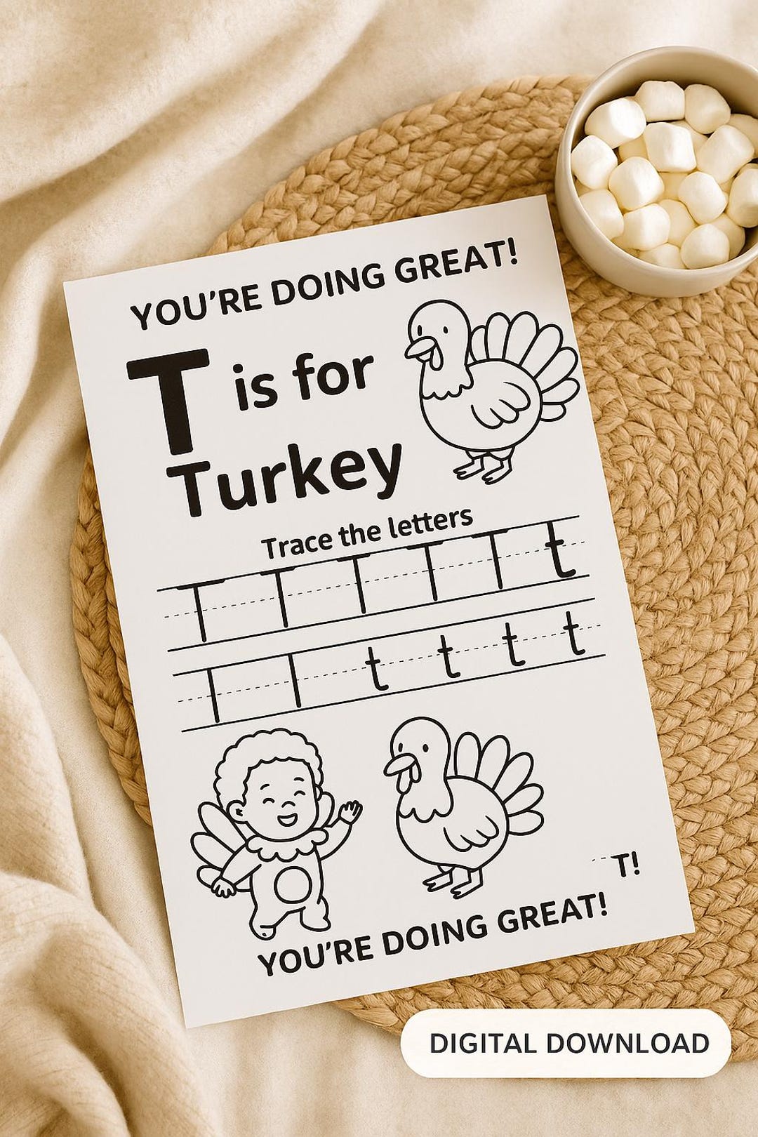 Turkey Tracing Worksheet | Letter T Thanksgiving Printable for Kids ...