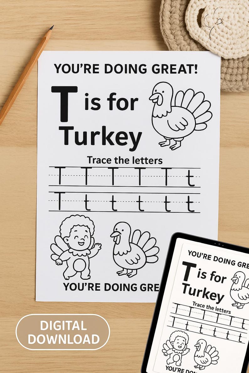 Turkey Tracing Worksheet | Letter T Thanksgiving Printable for Kids ...