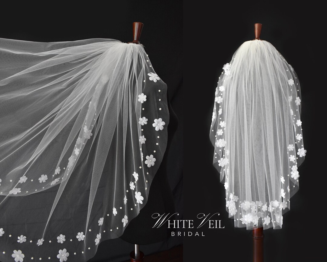 1 Tier 2 Rows Pearl and Flower Wedding Veil, Light Ivory Wedding Veil ...