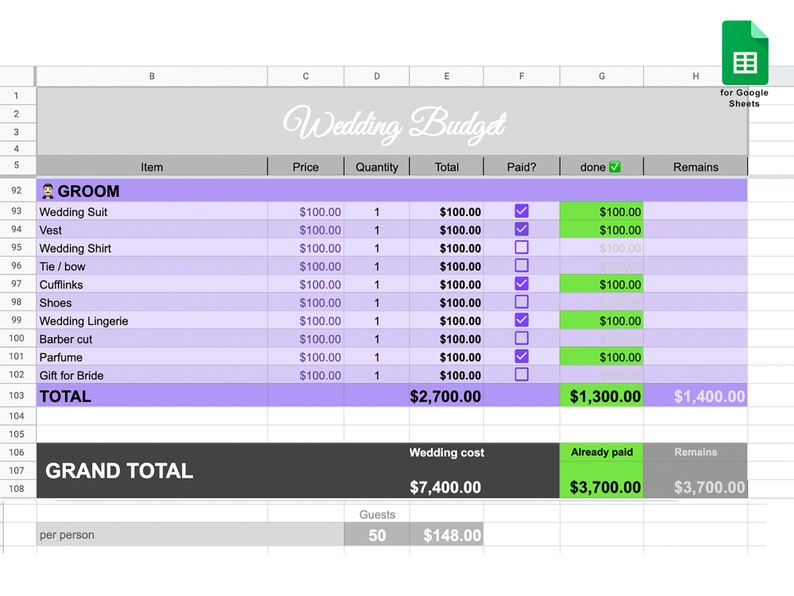 Wedding Budget Spreadsheet for Google Sheets Digital Budget Planner ...